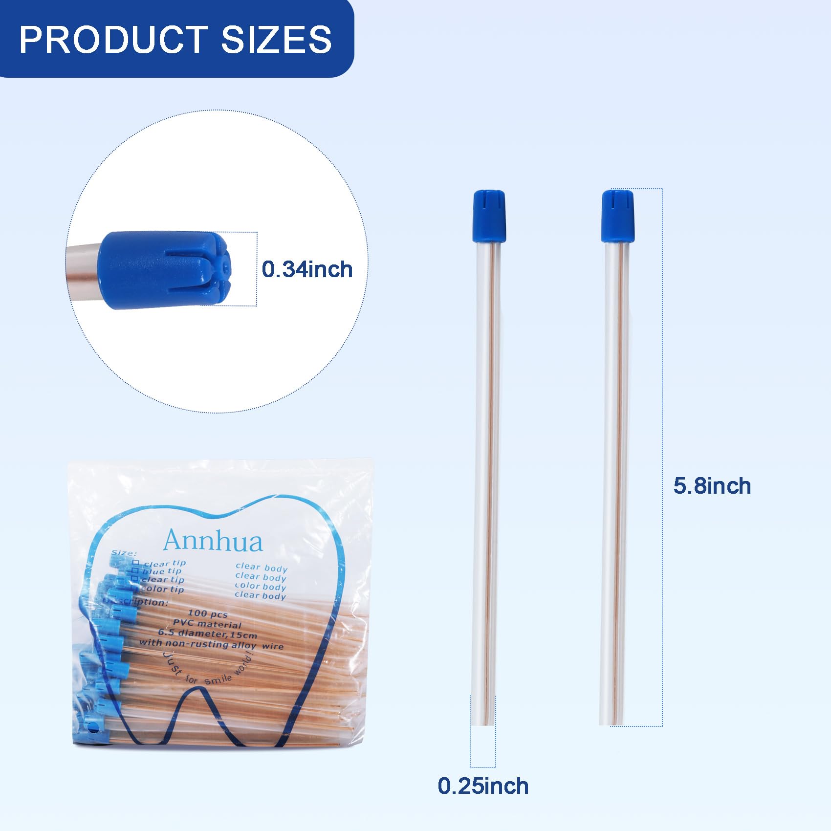 Annhua Saliva Ejectors Disposable Dental Suction Tips Pack of 100, Evacuation Suction Tips Saliva Aspirator Tube Clear with Blue Tips