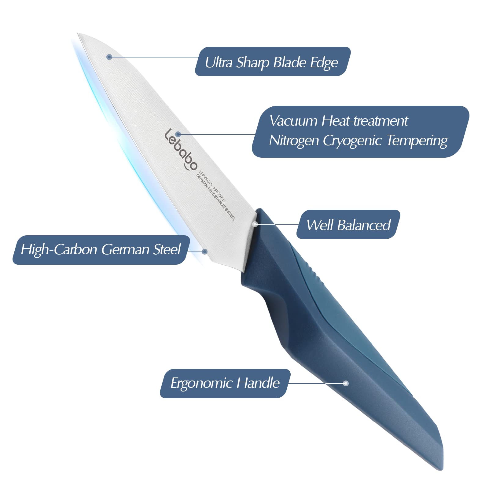 Lebabo Paring Knife 4 Inch, German Stainless Steel Fruit Knife Ideal for Peeling and Slicing, Ergonomic Handle, Blue