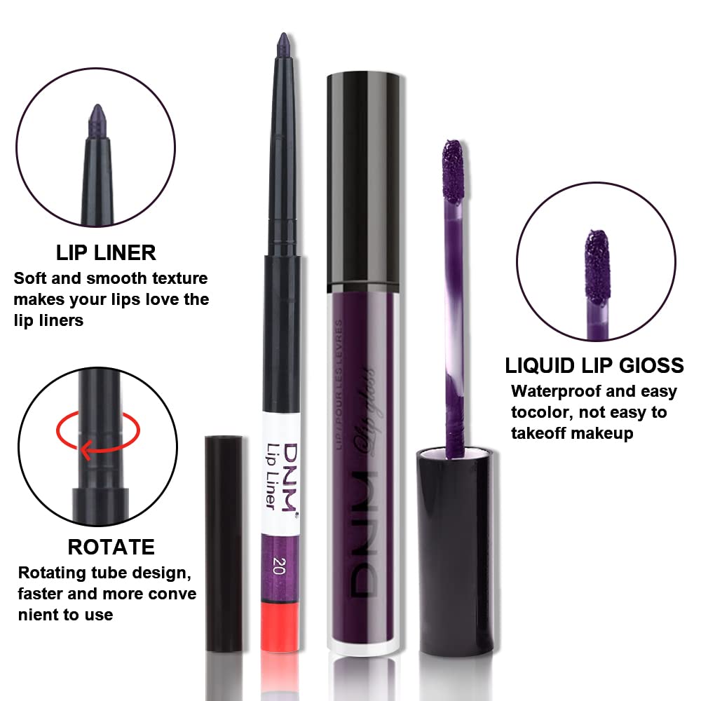 evpct 2Pcs Dark Deep Purple Plum Black Matte lipstick and Lip Liner Pencil Makeup Set for women DNM Matte Smudge Proof Lipstick Lip Stain Long Lasting Waterproof labiales mate 24 horas originales 20#