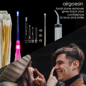 Airgoesin Tonsil Stone Remover, Stainless Steel Tonsil Stone Removal Tool, Long LED Tonsillolith Exorcism Kit, 50 Swabs and Curved Oral Irrigator Syringe to Get Rid of Bad Breath, 4 in 1 kit