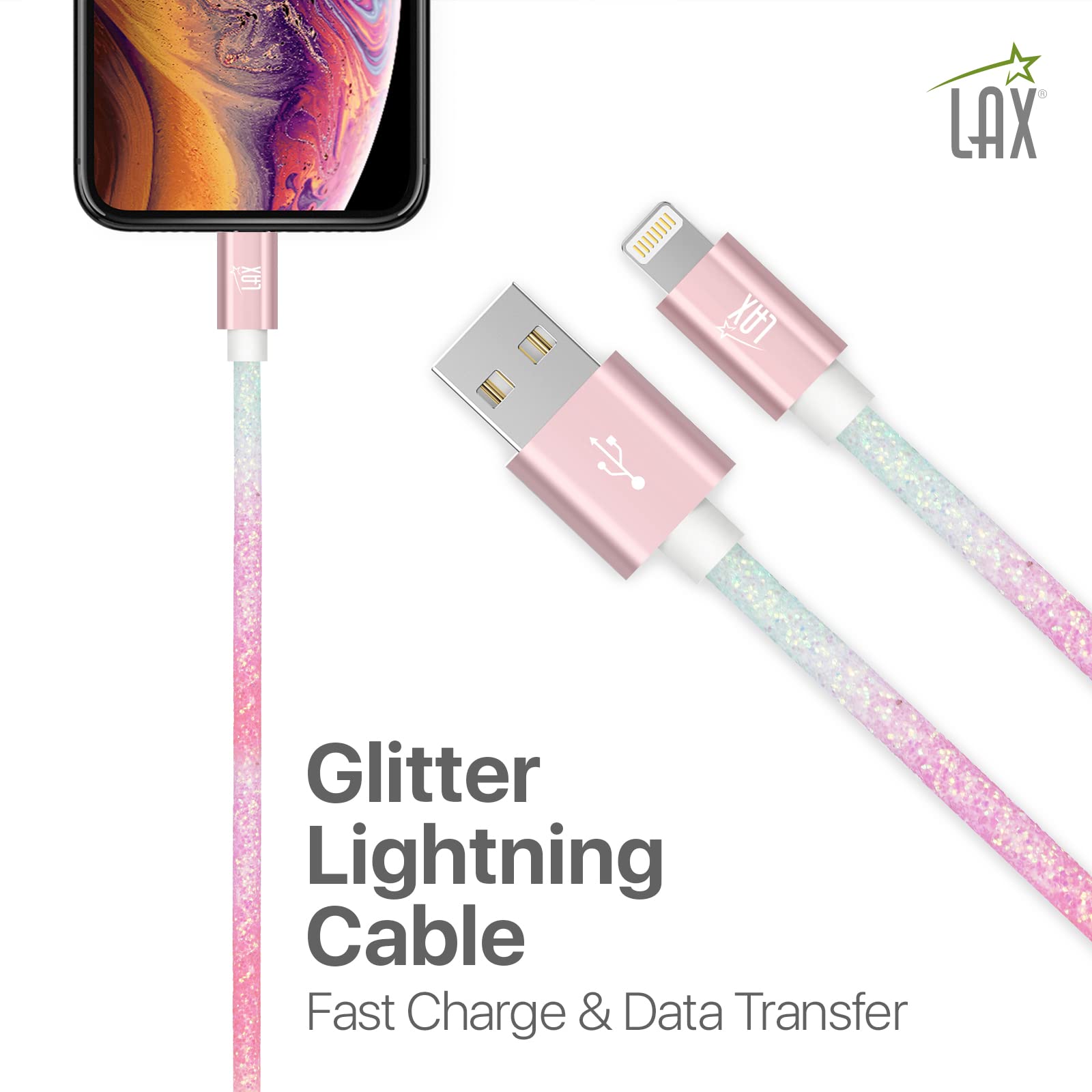 LAX Glitter Nylon Braided [Apple MFi Certified] Fast Charger iPhone Lightning Cable, iPhone Cord Compatible with iPhone 14/13 /12/11 Pro Max/XS MAX/XR/XS/X/8/7/SE/6S/ iPad & More (10FT-Pastel RBOW)