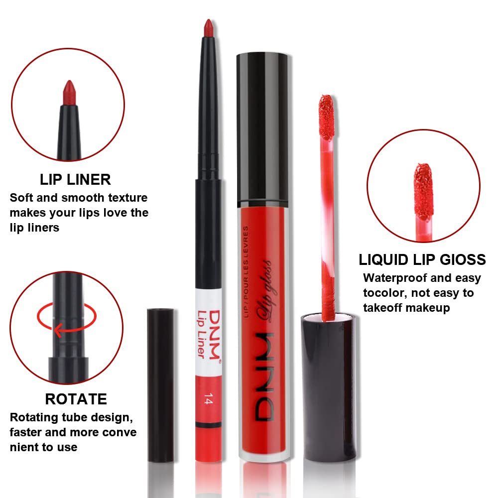 evpct 2Pcs Ruby Red Matte Lip Liner and Lipstick Combo DNM Red Lip Gloss Stains Pencil Makeup Set Women Waterproof Long Lasting 24 Hours Lipstick and Lip Liner Set labiales mate 24 horas originales 14