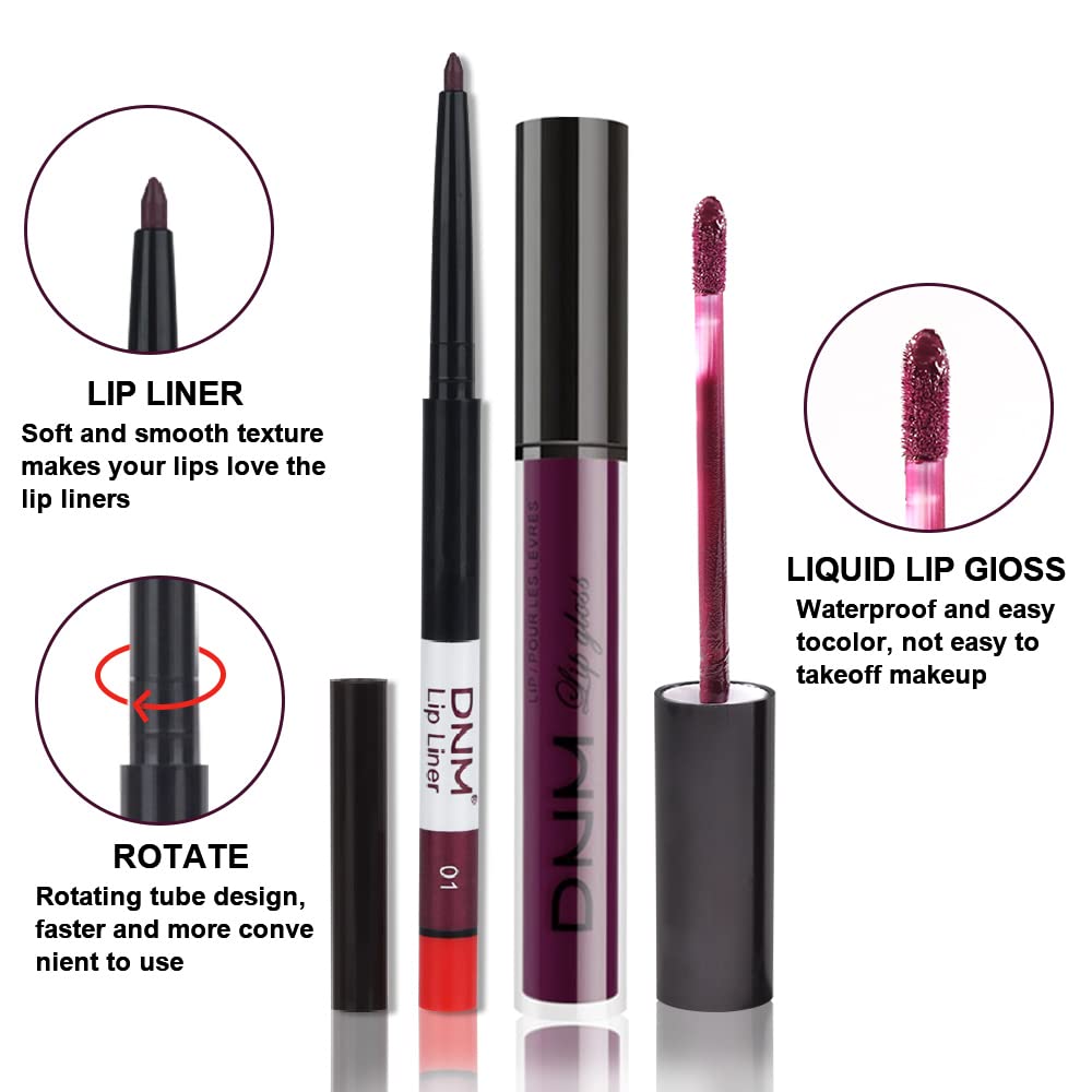 evpct 2Pcs Purple Plum Matte 24-hour Liquid Lipstick and Lip Liner Pencil Makeup Set Women DNM Dark Red Bright Berry Liquid Lipstick Matte Lip Tint 24H and with Lip Liner Set Waterproof Long Lasting 1