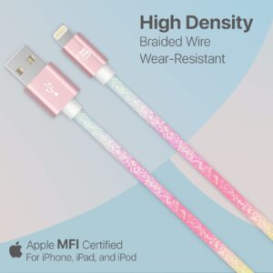 LAX Glitter Nylon Braided [Apple MFi Certified] Fast Charger iPhone Lightning Cable, iPhone Cord Compatible with iPhone 14/13 /12/11 Pro Max/XS MAX/XR/XS/X/8/7/SE/6S/ iPad & More (10FT-Pastel RBOW)