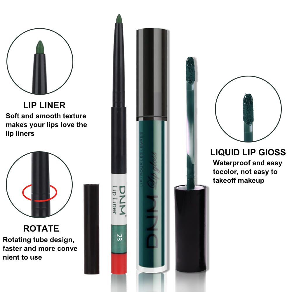 evpct 2Pcs Matte Dark Green Lipstick and Lip Liner Gloss Makeup Set DNM matt Matte Liquid Lipstick Long Lasting Set 24H and with Lip Liner 23#