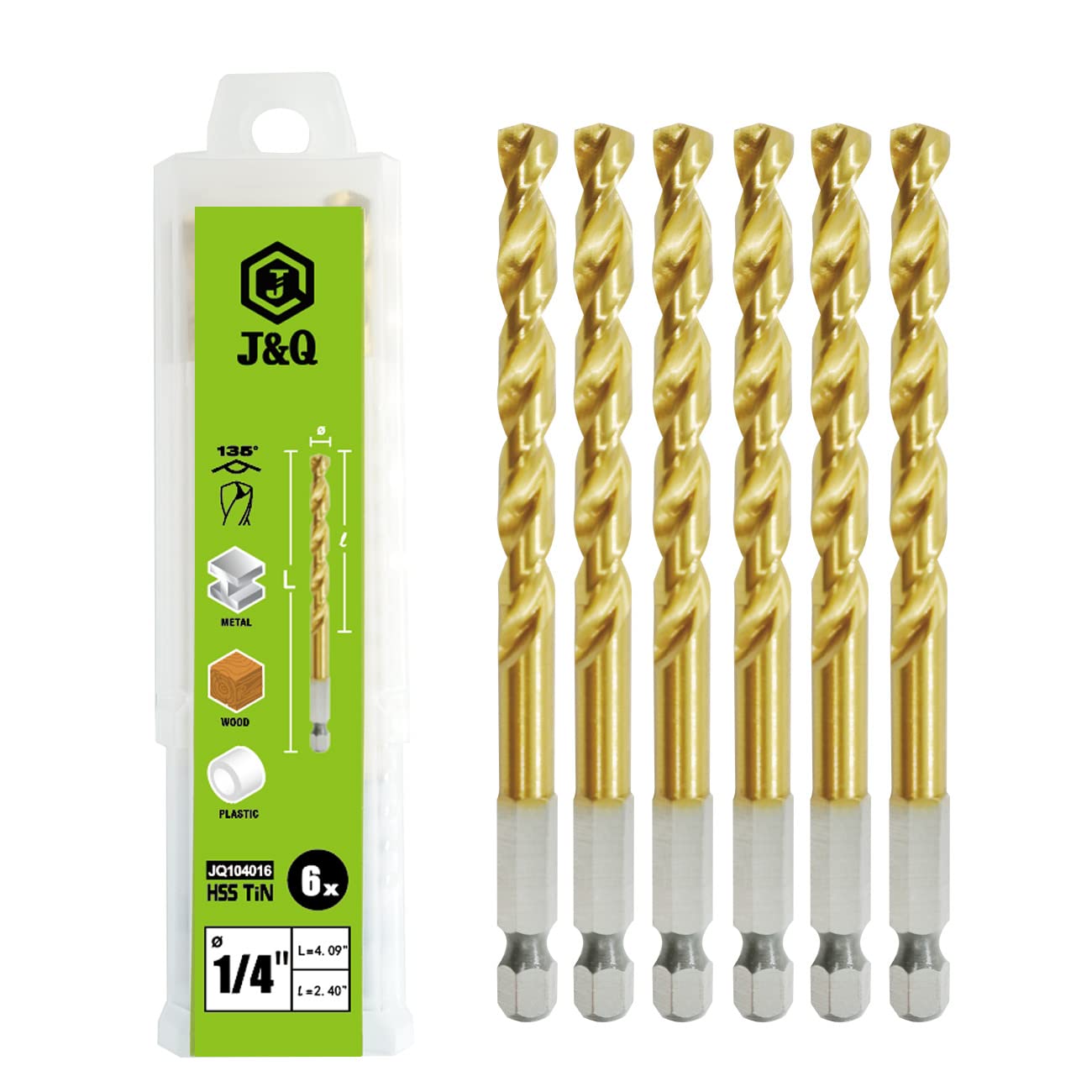 J&Q 1/8" 135 Degrees Split Point Drill Bits, High Speed Steel Drill Bit Set, Titanium Twist Hex Drill Bits for Steel, Copper and Aluminum (Pack of 12 Identical Pcs）