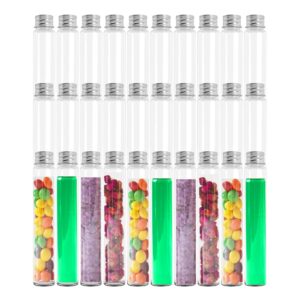 muhome 30 pack 65ml clear plastic test tubes with screw caps flat bottom, 27×149mm tubes for gumball candy and beads storage, scientific experiments, bath salt diy christmas party favors