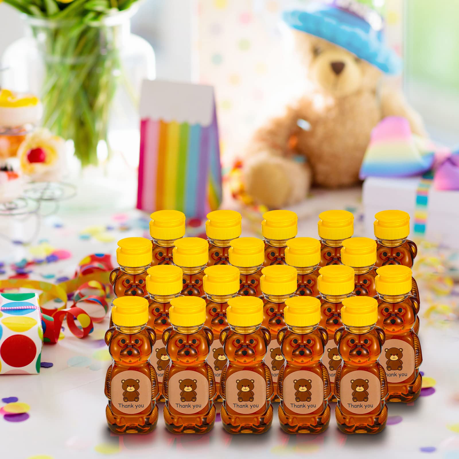 16 Pack Honey Bear Bottle with 25 Pcs Straws and 32 Pcs Bear Stickers Honey Squeezable Jar Spill Proof Plastic Honey Dispenser Containers Reusable Bear Juice Drinking Cup for Kids Toddler (Yellow)