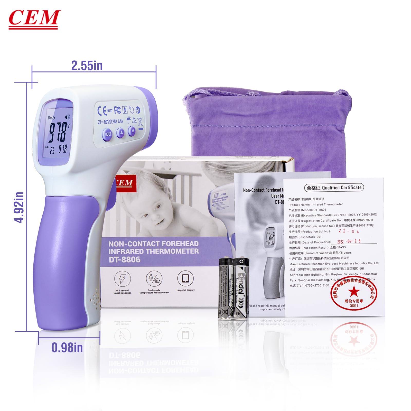 CEM DT-8806 Digital Thermometer for Adults and Kids, No Touch Forehead Thermometer for Baby, 2 in 1 Body Surface Mode Infrared Thermometer with Fever Alarm and Instant Accuracy Readings, Purple