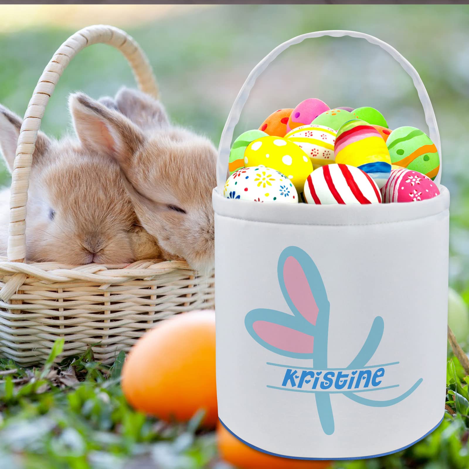 Personalized Buny Easter Basket with Name Custom Canvas Egg Bags for Kids Candy Easter Baskets for Baby Boys Girls-Blue