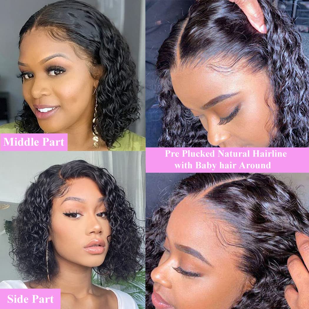 SWEETGIRL Short Curly Bob Wigs Human Hair 13x4 Lace Front Wigs Pre Plucked Water Wave Frontal Wigs Human Hair Wet and Wavy Curly Wigs for Black Women Natural Black 180% Density 10 Inch