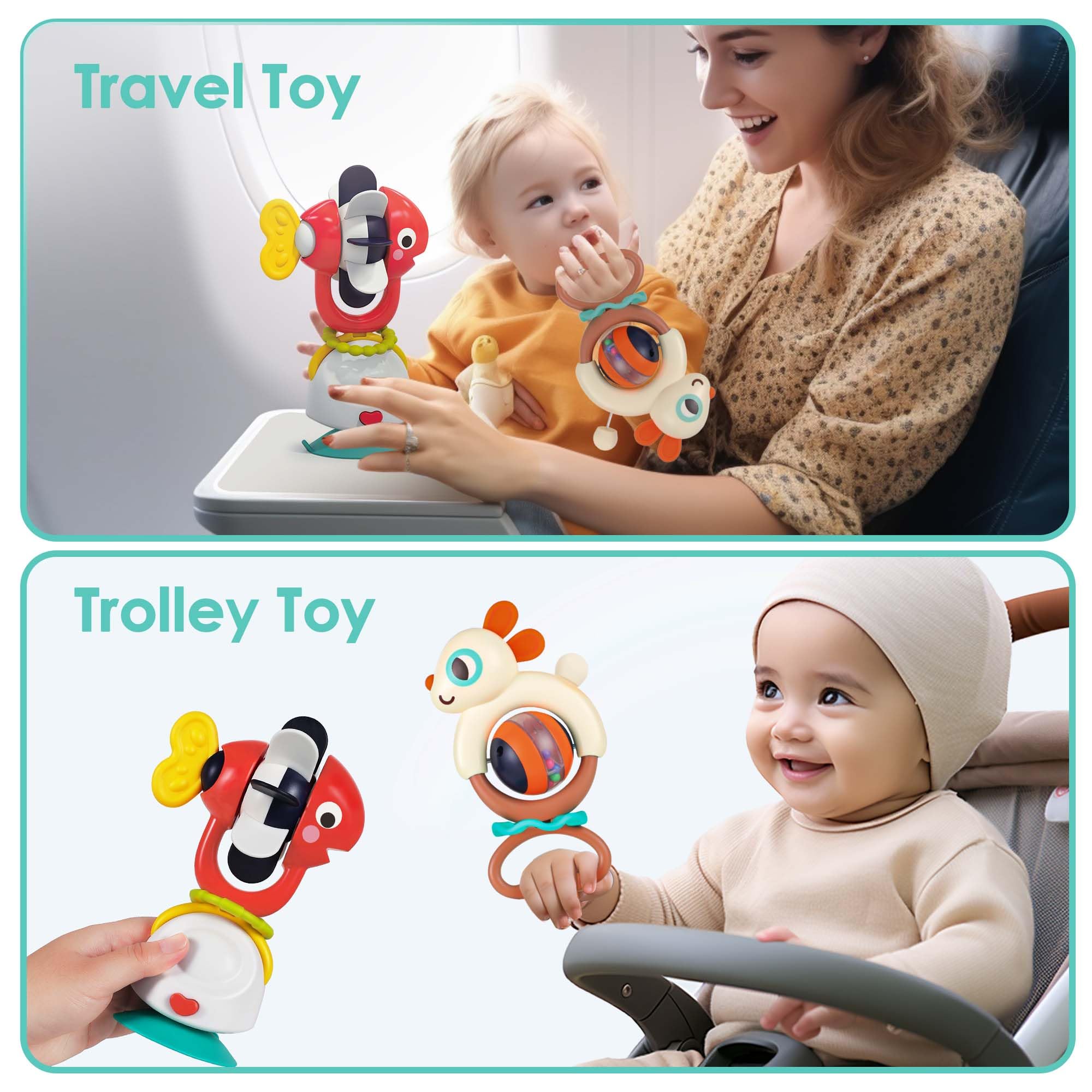 iPlay, iLearn Baby Rattle Toys 6-12 Month, Babies High Chair Suction Animal Rattles, Infant Crib Carseat Activity Tummy Play Time Sensory Toy, Newborn Gifts 6 7 8 9 10 12 18 Month Old Toddler Boy Girl