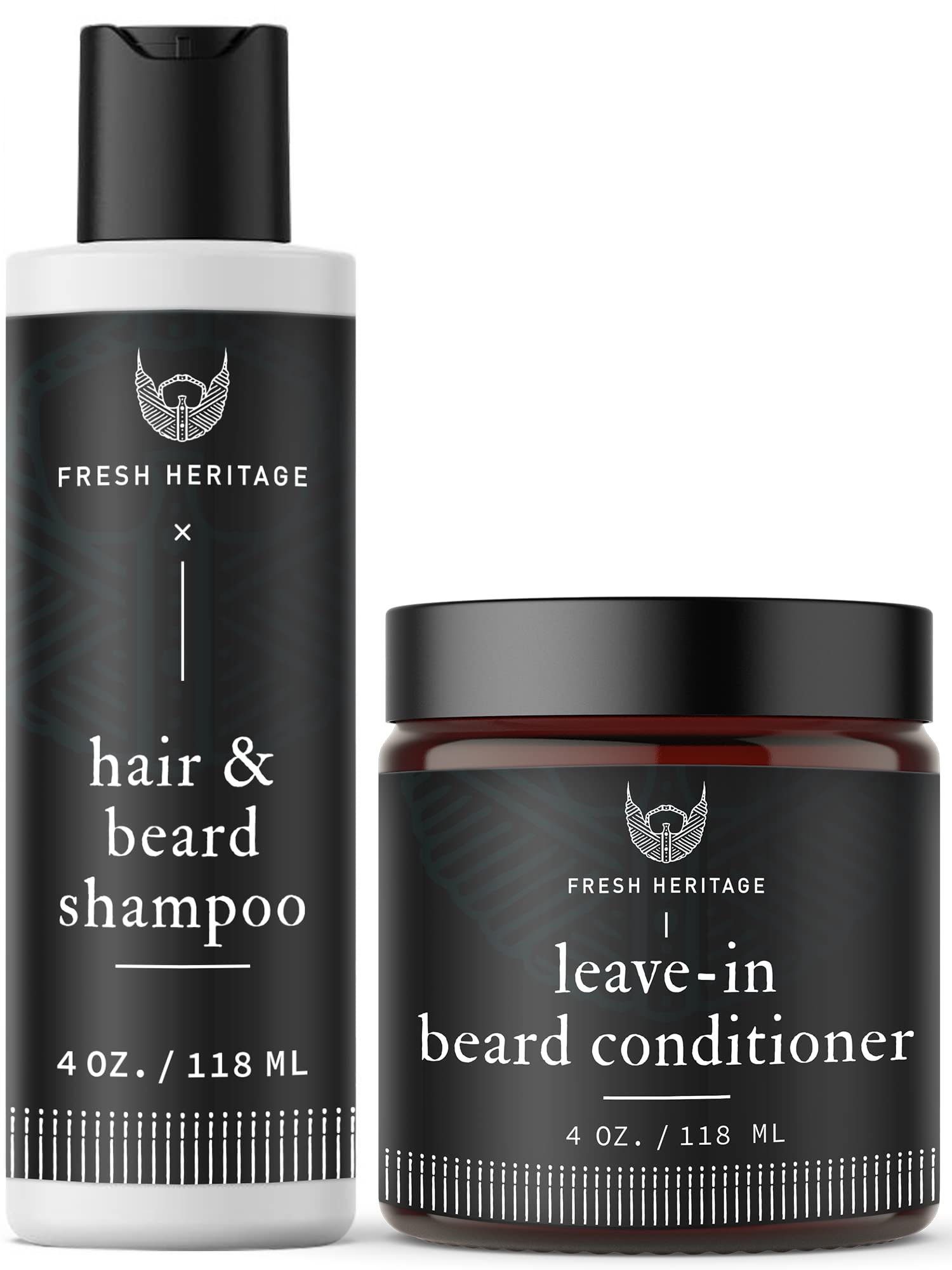 Fresh Heritage Premium Men's Beard Care Bundle - Shampoo with Tea Tree, Conditioner with Argan Oil - Softens, Smooths & Promotes Beard Growth - 100% Natural Grooming Kit