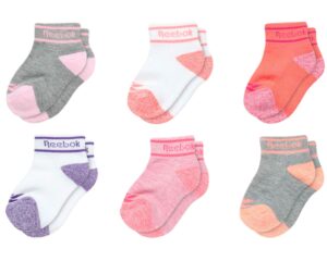 reebok girl's 6 pack, 12 pack comfort cushion quarter cut socks (infant/toddler), size 2-4t, pink/grey (6 pack)