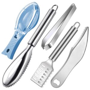 fish scaler remover set - fish scales tools with stainless steel sawtooth with bottle opener, fish scraper fish bone tweezers fish skin peeler for family, seafood markets, remover fish scales,5pieces