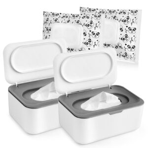 toraso wipes holder, wipes dispenser with lid, pouch with lid, baby wipes case keeps wipes fresh， wipe container regular storage case box(2gray+2panda)