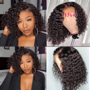 sweetgirl short curly bob wigs human hair 13x4 lace front wigs pre plucked water wave frontal wigs human hair wet and wavy curly wigs for black women natural black 180% density 10 inch