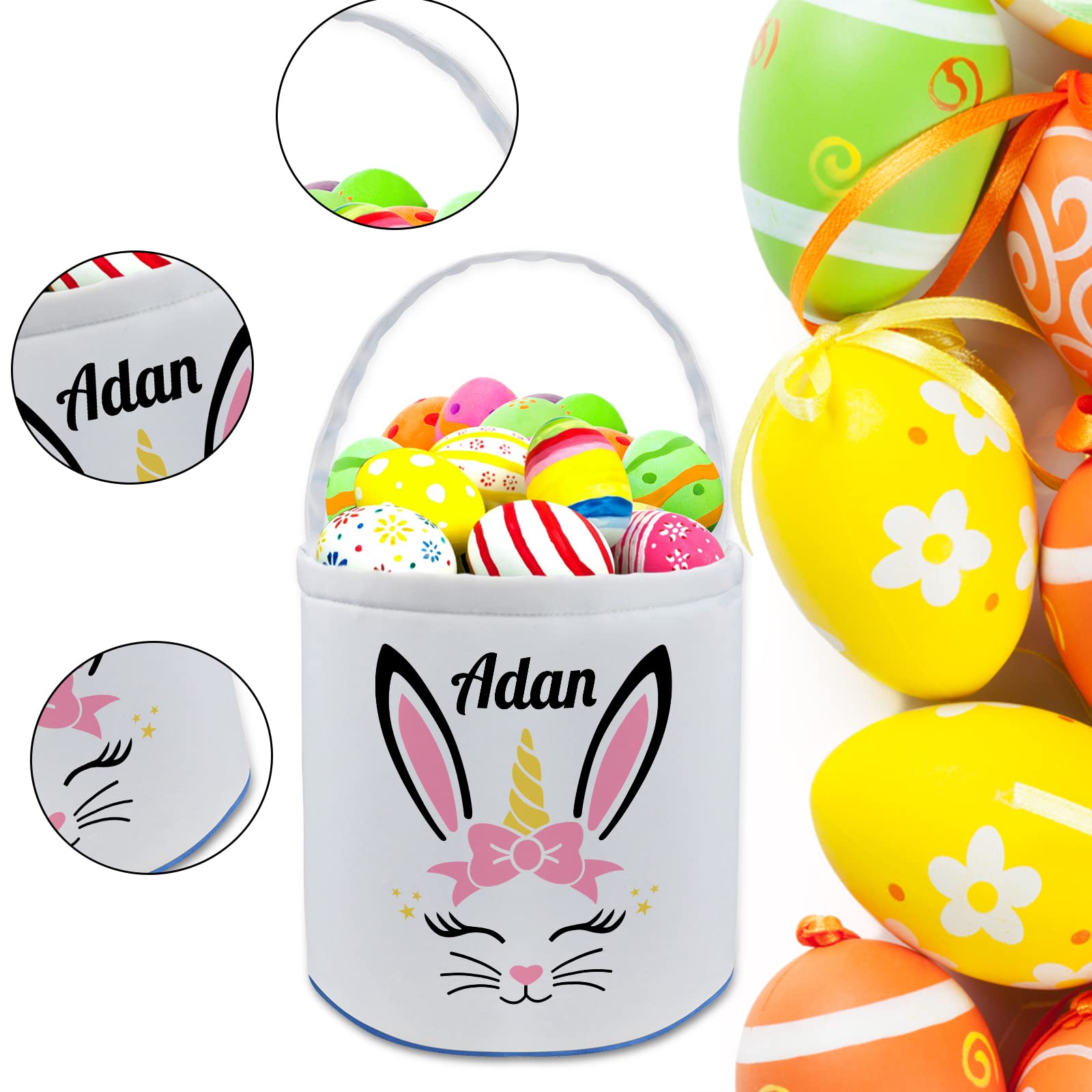 WQingot Personalized Easter Basket Custom with Name Customized Candy Egg Easter Buny Tote Bags Carry for Girls Boys Happy Easter Gift Deco Blue