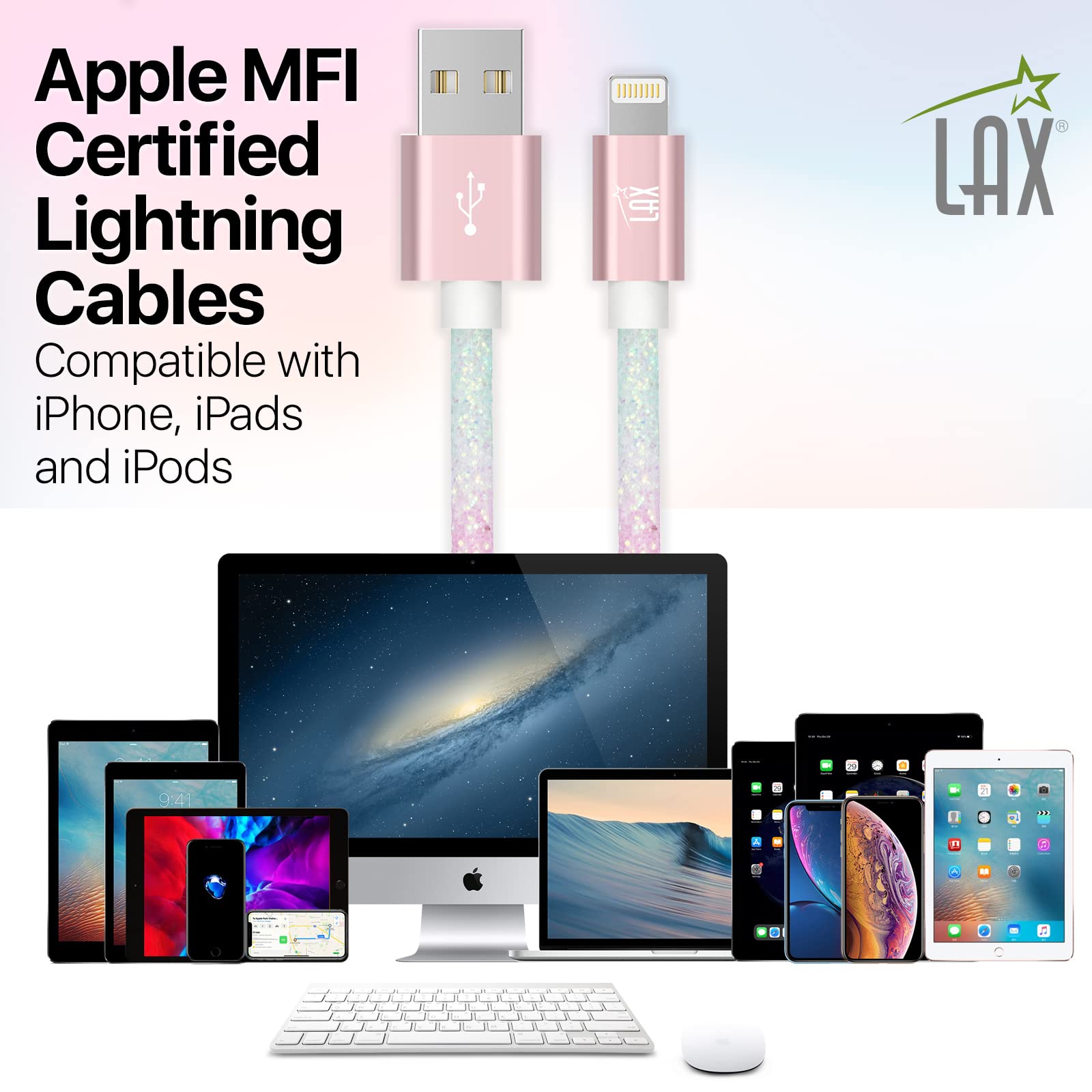 LAX Glitter Nylon Braided [Apple MFi Certified] Fast Charger iPhone Lightning Cable, iPhone Cord Compatible with iPhone 14/13 /12/11 Pro Max/XS MAX/XR/XS/X/8/7/SE/6S/ iPad & More (10FT-Pastel RBOW)