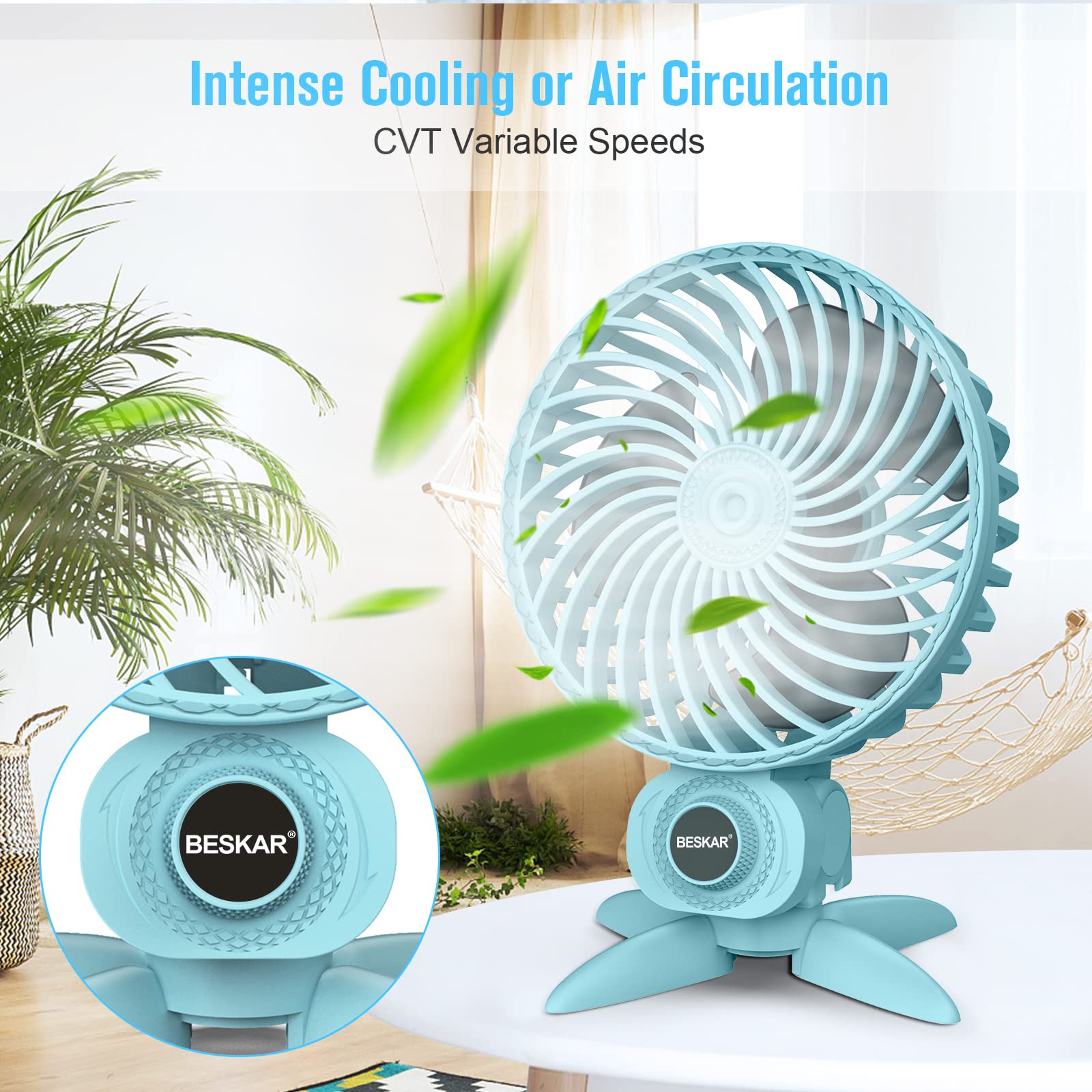 BESKAR Personal USB Desk Fan, CVT Variable Speeds Small Cooling Fan, Strong Wind, Quiet Operation, Adjustable Tilt, Mini Portable Fan for Desktop Office Bed Travel - USB Cord Plug in Powered