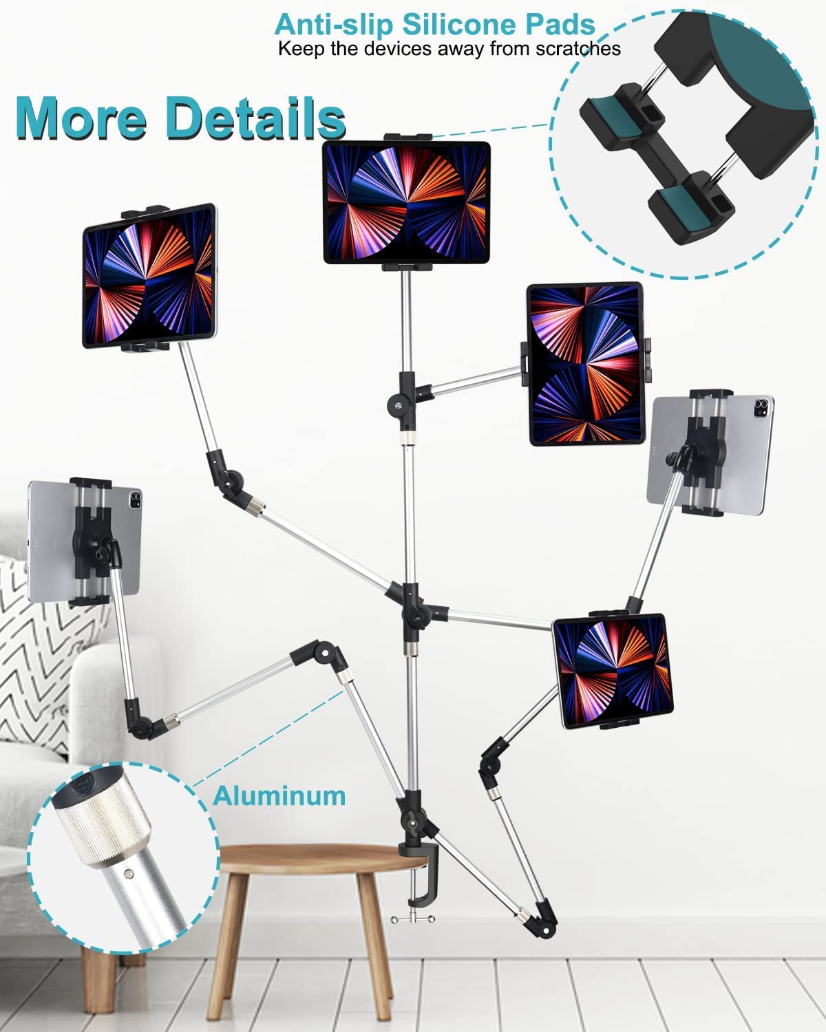 Aozcu Flexible Tablet Stand Holder for Bed, 35in Aluminum Long Arm iPad Camera Mount for Desk, 360° Rotation Webcam Stand with 1/4 Screw for iPad Pro 11 Air Mini, Switch, iPhone, More 4-12.9" Devices