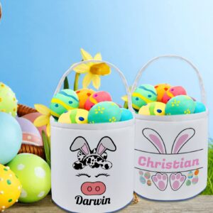 Personalized Buny Easter Basket with Name Custom Canvas Egg Bags for Kids Candy Easter Baskets for Baby Boys Girls-Blue