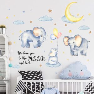 elephant wall stickers for baby nursery wall decor, elephant nursery wall dacal decor for girls baby boy, we love you to the moon and back elephant decor for baby room kids bedroom playroom art gift