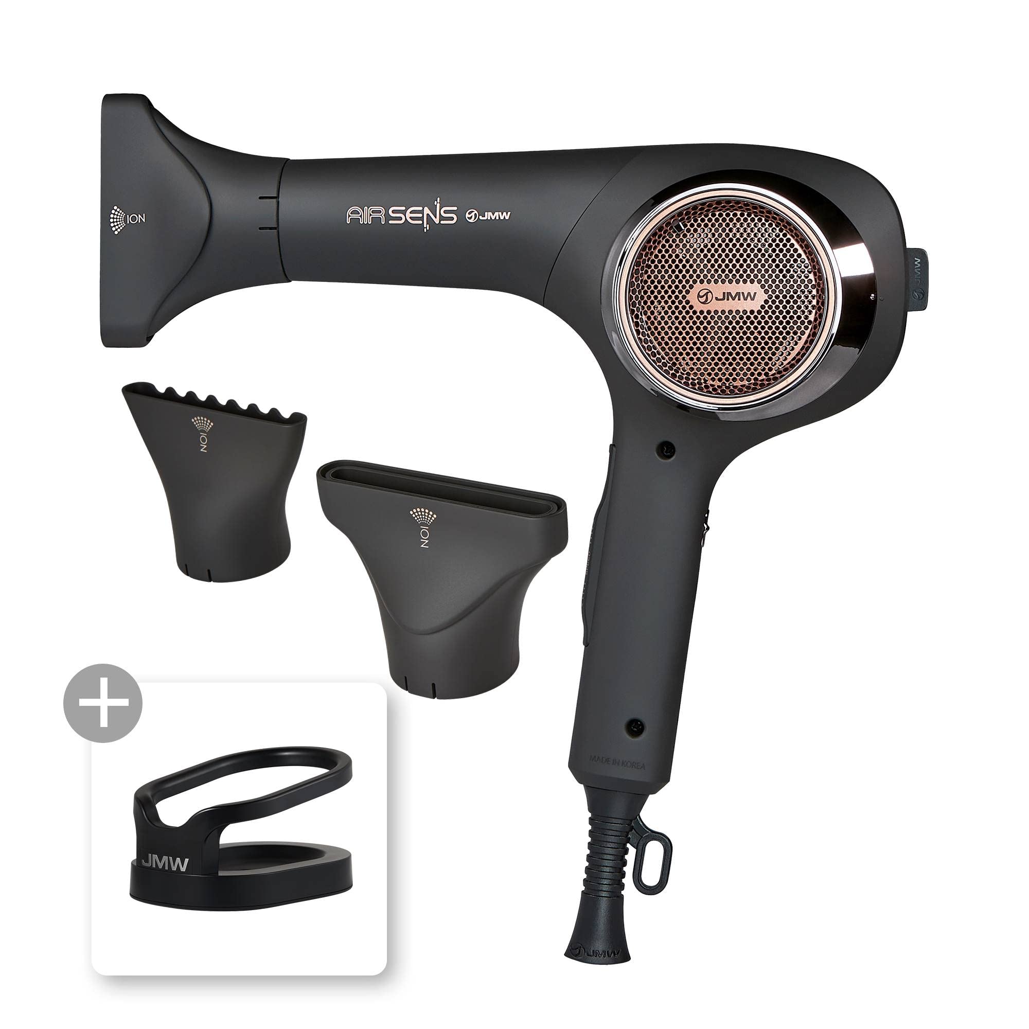 JMW AIR SENS Professional Hair Dryer - 3 Heat X 5 Wind Fast Drying, Low Noise, Curling, Durable, Best Blow Dryer Frizzy Hair, 2 Nozzles & Hair Dryer Comes with Holder for Salon Blowouts and Travel