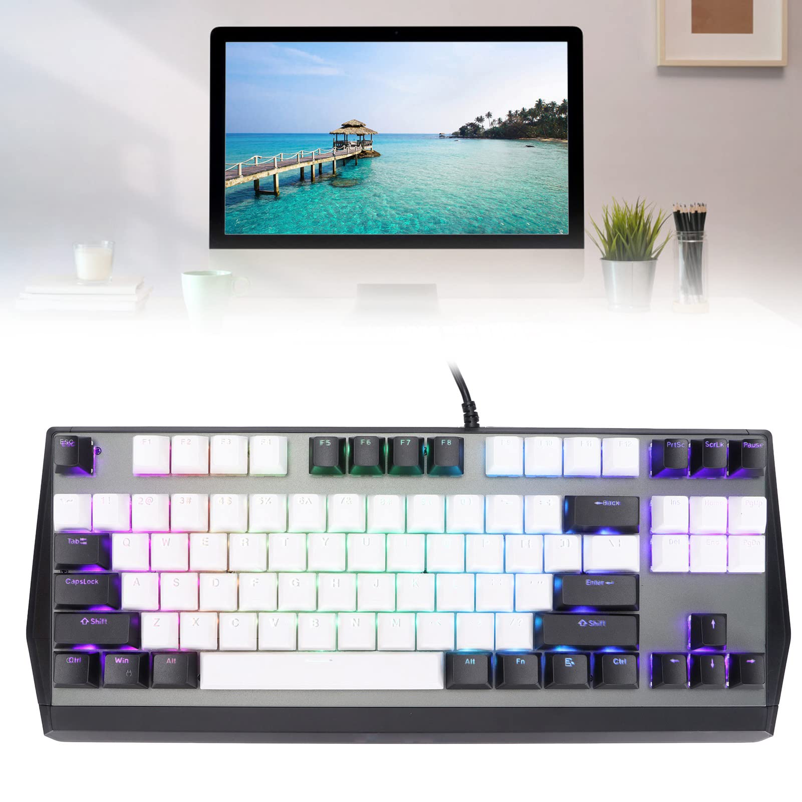 Byged Mechanical Keyboard, 87 Keys RGB Backlight USB Keyboard Wired Keyboard Computer Gaming Keyboard with Custom Function, for Win System