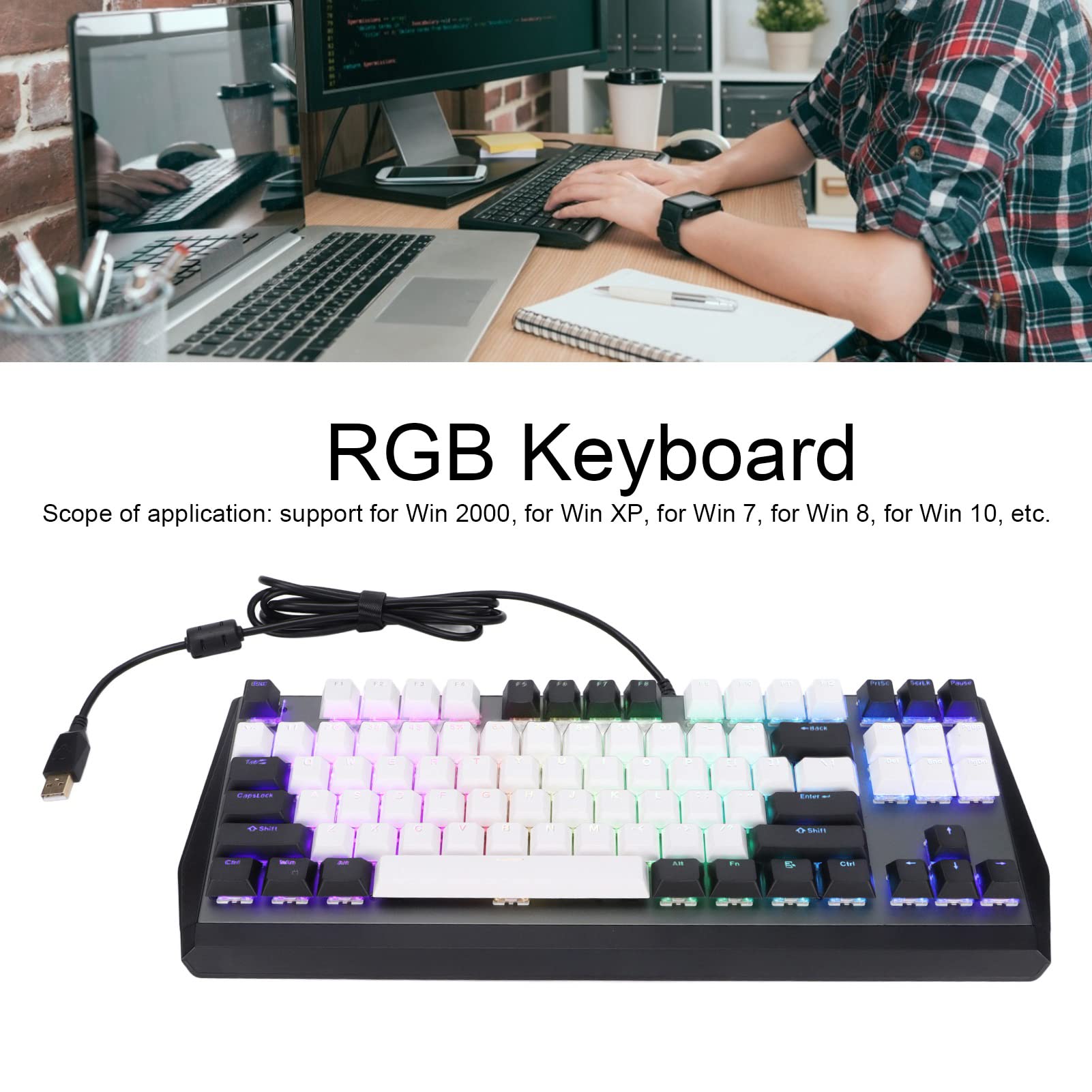 Byged Mechanical Keyboard, 87 Keys RGB Backlight USB Keyboard Wired Keyboard Computer Gaming Keyboard with Custom Function, for Win System