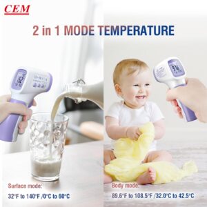 CEM DT-8806 Digital Thermometer for Adults and Kids, No Touch Forehead Thermometer for Baby, 2 in 1 Body Surface Mode Infrared Thermometer with Fever Alarm and Instant Accuracy Readings, Purple