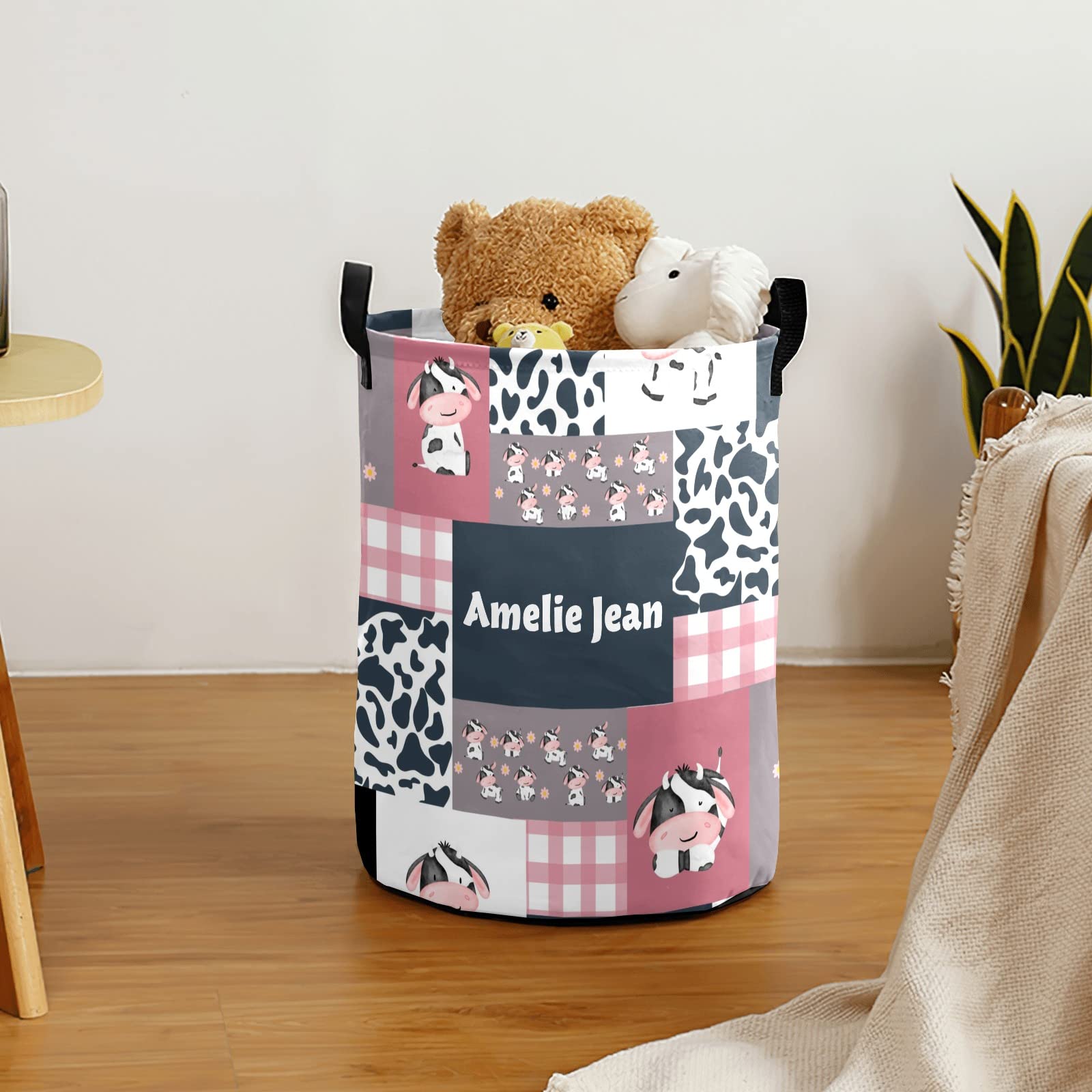 Cute Cows Print Patchwork Storage Bin, Waterproof Oxford Fabric Clothes Basket Organizer for Laundry Hamper,Toy Bins,Gift Baskets, Bedroom, Clothes,Baby Nursery