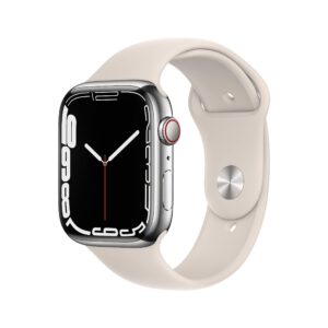 apple watch series 7 (gps + cellular, 45mm) silver stainless steel case with starlight sport band (renewed)