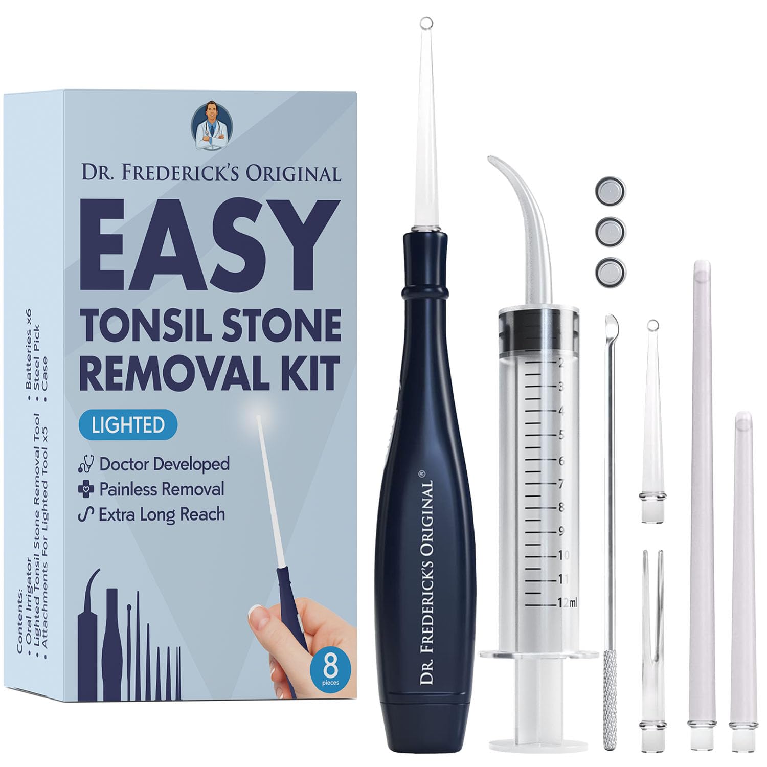 Dr. Frederick’s Original Easy Tonsil Stone Remover Kit - Fast Painless Tonsillolith Removal Tool - Fight Bad Breath - Pick and Oral Irrigator - 8 Pieces