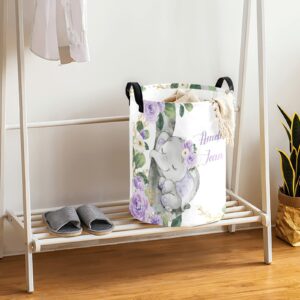 Elephant Purple Floral Garden Storage Bin, Waterproof Oxford Fabric Clothes Basket Organizer for Laundry Hamper,Toy Bins,Gift Baskets, Bedroom, Clothes,Baby Nursery