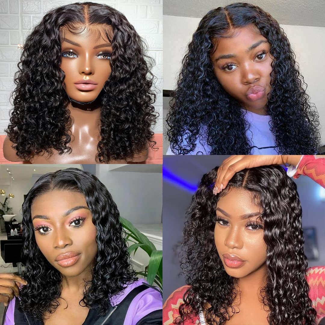 Arrebol 14 Inch Closure Bob Wig Human Hair Water Wave Closure Wigs for Black Women 4x4 Short Curly Bob Wigs Human Hair Pre Plucked with Baby Hair 150% Density Natural Color (14 Inch)