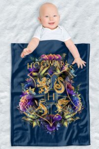 harry potter lightweight baby blanket, 30"x40", hogwarts multi-colored floral crest unisex for infants girls & boys