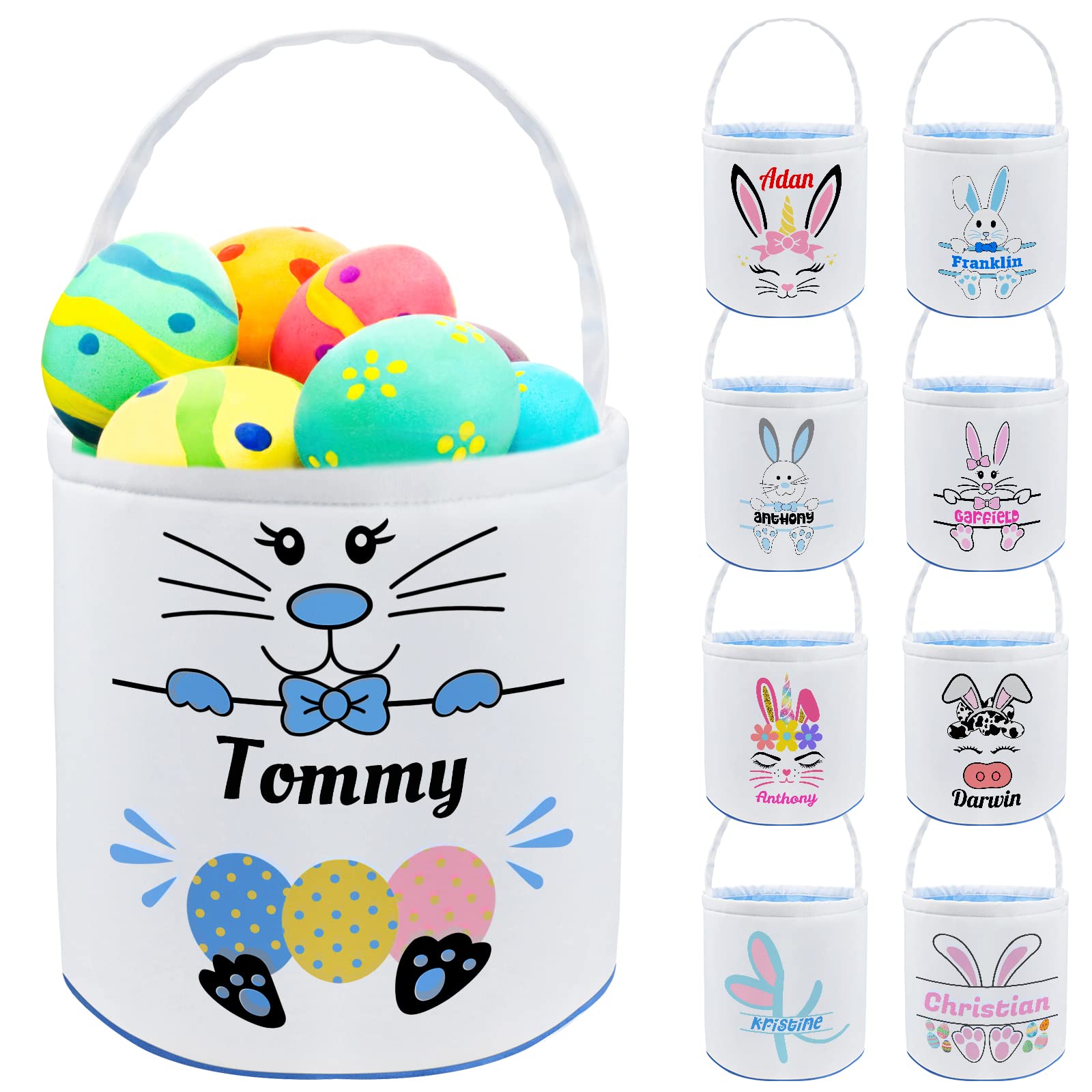 Personalized Buny Easter Basket with Name Custom Canvas Egg Bags for Kids Candy Easter Baskets for Baby Boys Girls-Blue