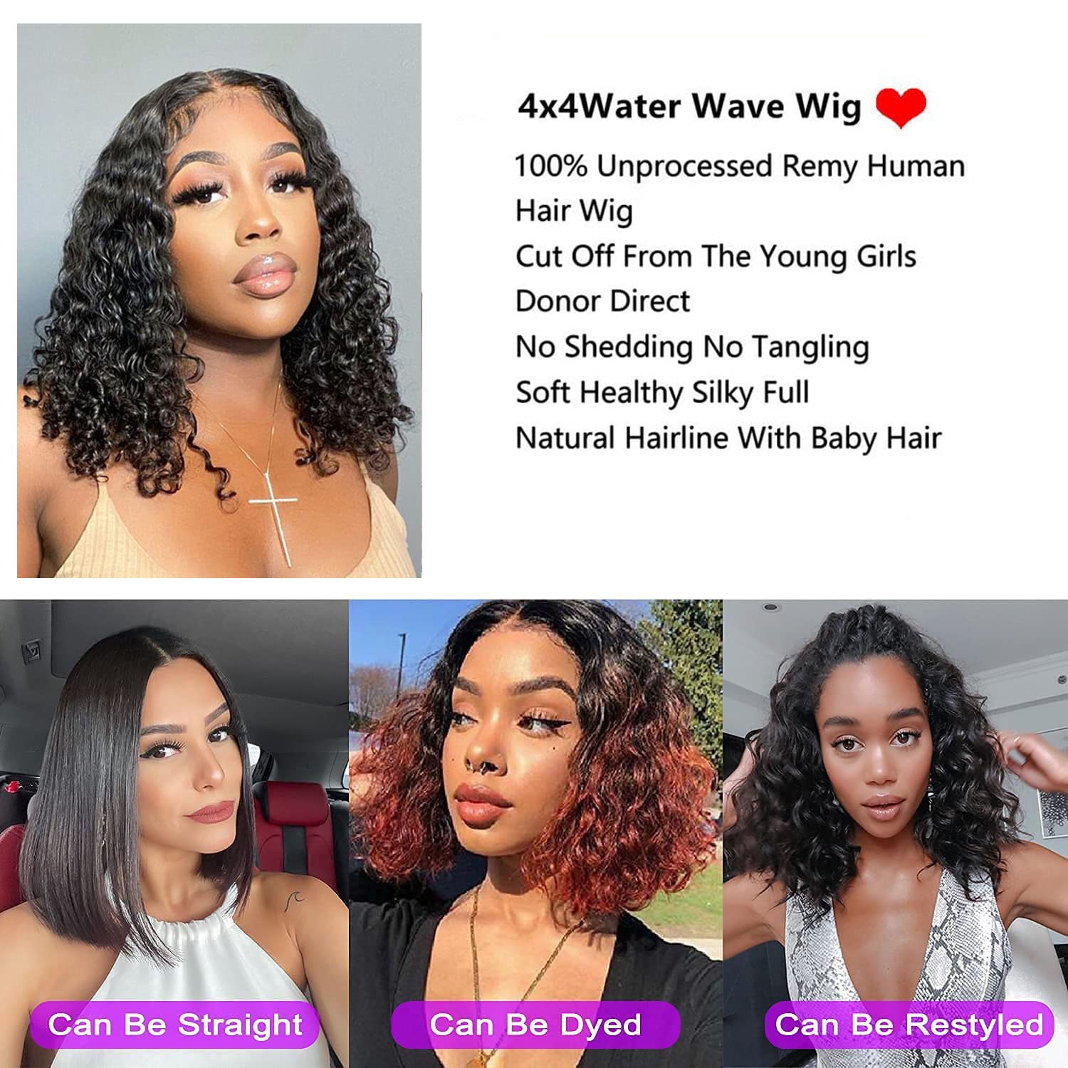 Arrebol 14 Inch Closure Bob Wig Human Hair Water Wave Closure Wigs for Black Women 4x4 Short Curly Bob Wigs Human Hair Pre Plucked with Baby Hair 150% Density Natural Color (14 Inch)