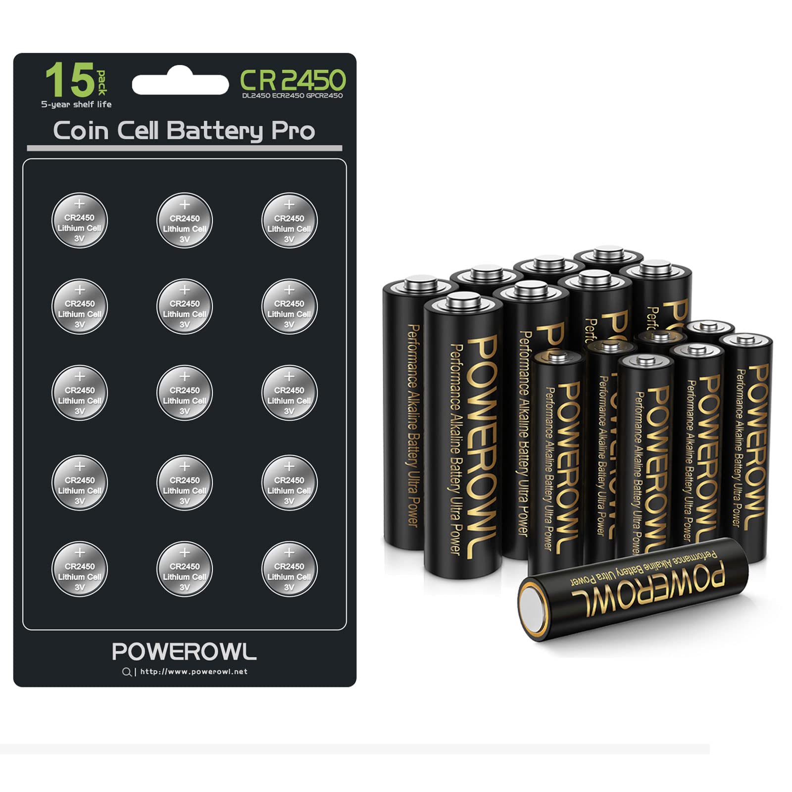 POWEROWL High-Capacity Alkaline AA AAA Batteries Combo 16 Count & CR2450 Battery 3v Lithium Batteries 15PCS