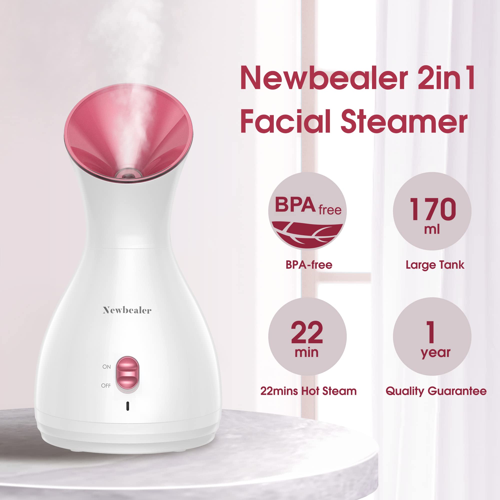 Newbealer 2in1 Facial Steamer, Hot Mist Facial Aromatherapy Humidifier Atomizer, Large Face Steamer Unclogs Pores Sinuses Moisturizing, Home Sauna Spa with Eyebrow Set (Red, 170 ml)