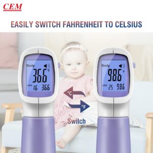 CEM DT-8806 Digital Thermometer for Adults and Kids, No Touch Forehead Thermometer for Baby, 2 in 1 Body Surface Mode Infrared Thermometer with Fever Alarm and Instant Accuracy Readings, Purple