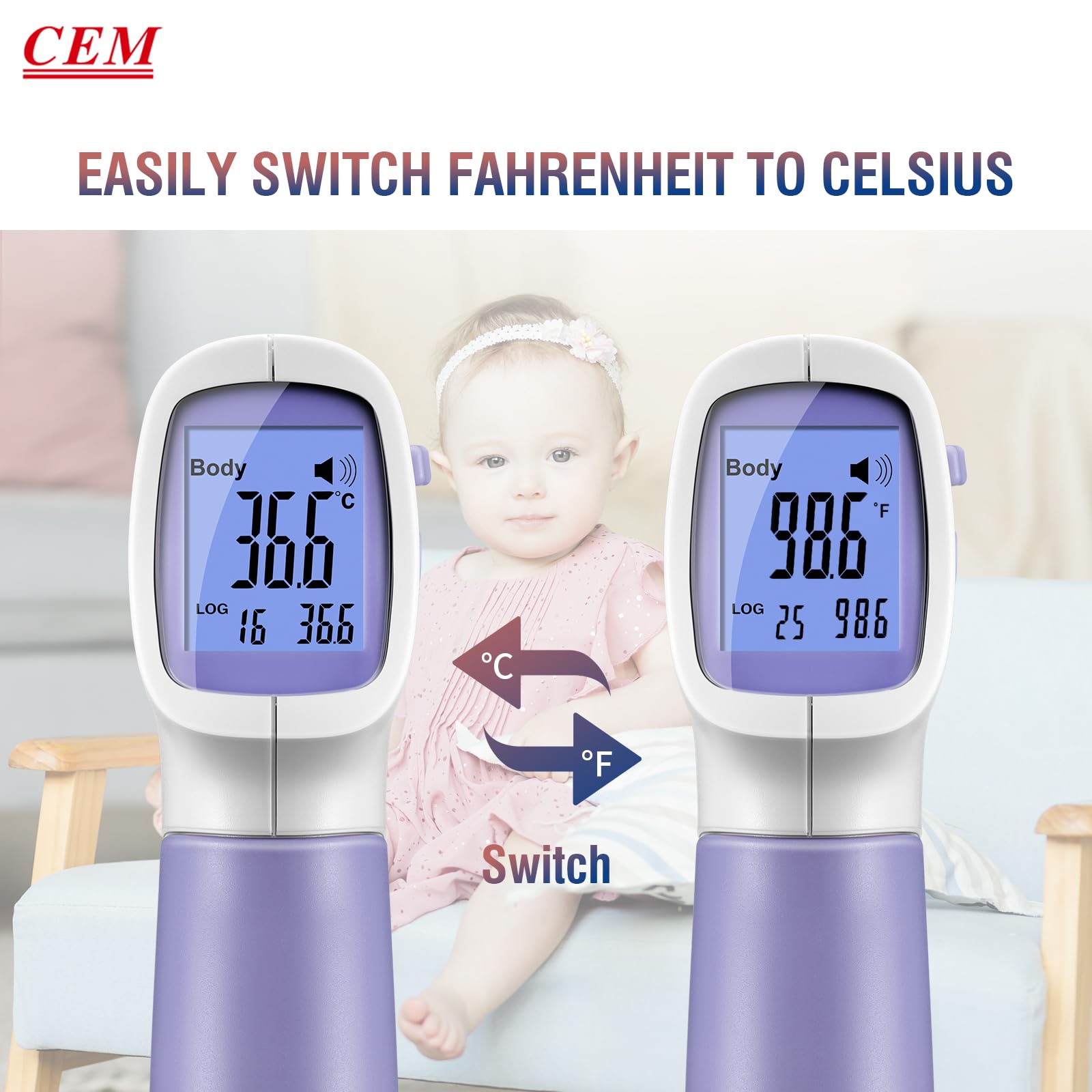 CEM DT-8806 Digital Thermometer for Adults and Kids, No Touch Forehead Thermometer for Baby, 2 in 1 Body Surface Mode Infrared Thermometer with Fever Alarm and Instant Accuracy Readings, Purple