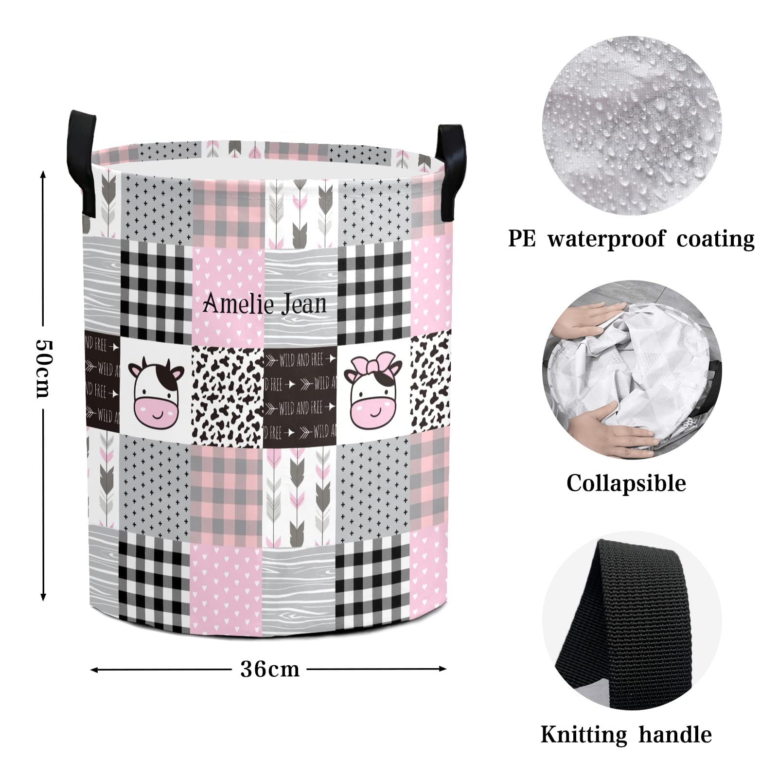 Cute Cows Patchwork Storage Bin, Waterproof Oxford Fabric Clothes Basket Organizer for Laundry Hamper,Toy Bins,Gift Baskets, Bedroom, Clothes,Baby Nursery