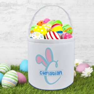 WQingot Personalized Easter Basket Custom with Name Customized Candy Egg Easter Buny Tote Bags Carry for Girls Boys Happy Easter Gift Deco Blue