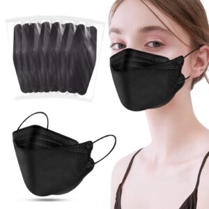 sooqoo kf94 face mask, 50 pcs, elastic ear loop and nose clip, 3d fish type mouth shield, 4 layer protection, individually wrapped disposable mask for adult, black