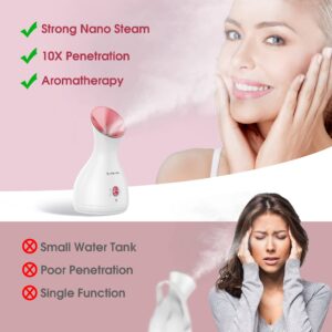 Newbealer 2in1 Facial Steamer, Hot Mist Facial Aromatherapy Humidifier Atomizer, Large Face Steamer Unclogs Pores Sinuses Moisturizing, Home Sauna Spa with Eyebrow Set (Red, 170 ml)