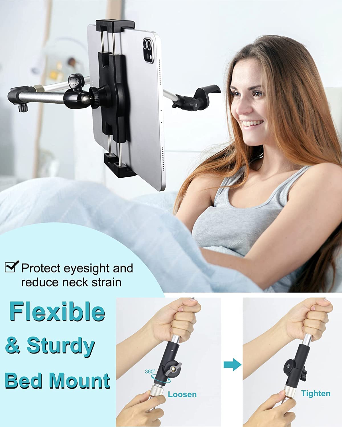 Aozcu Flexible Tablet Stand Holder for Bed, 35in Aluminum Long Arm iPad Camera Mount for Desk, 360° Rotation Webcam Stand with 1/4 Screw for iPad Pro 11 Air Mini, Switch, iPhone, More 4-12.9" Devices