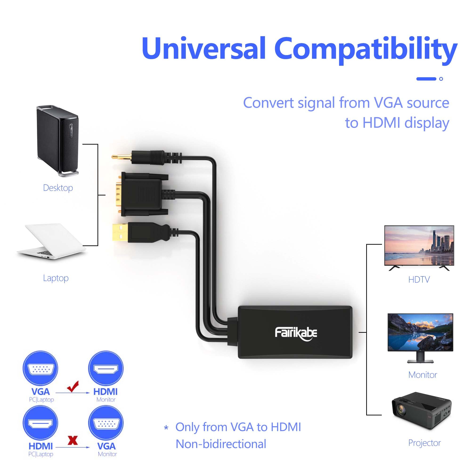 fairikabe VGA to HDMI Adapter with Audio, (PC VGA Output Source to TV/Monitor with HDMI Input Display), VGA Male to HDMI Female Converter for Monitor, 1080p VGA HDMI Adapter USB Powered…