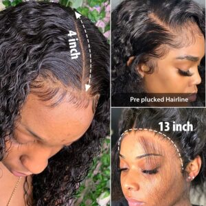 SWEETGIRL Short Curly Bob Wigs Human Hair 13x4 Lace Front Wigs Pre Plucked Water Wave Frontal Wigs Human Hair Wet and Wavy Curly Wigs for Black Women Natural Black 180% Density 10 Inch